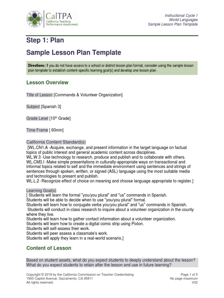 Caltpa WL c1 s1 B Lessonplan Optionaltemplate | PDF | Lesson Plan ...