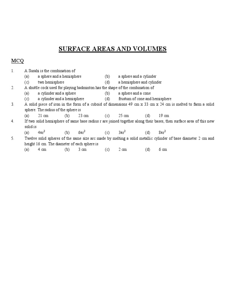 CBSE Clas 10 Surface Area and Volume | PDF | Sphere | Volume