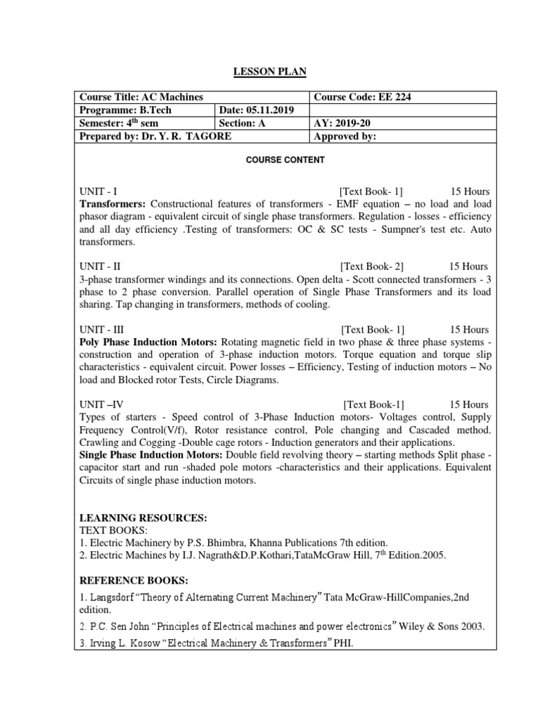Ee224 Lesson Plan | PDF | Electric Motor | Transformer