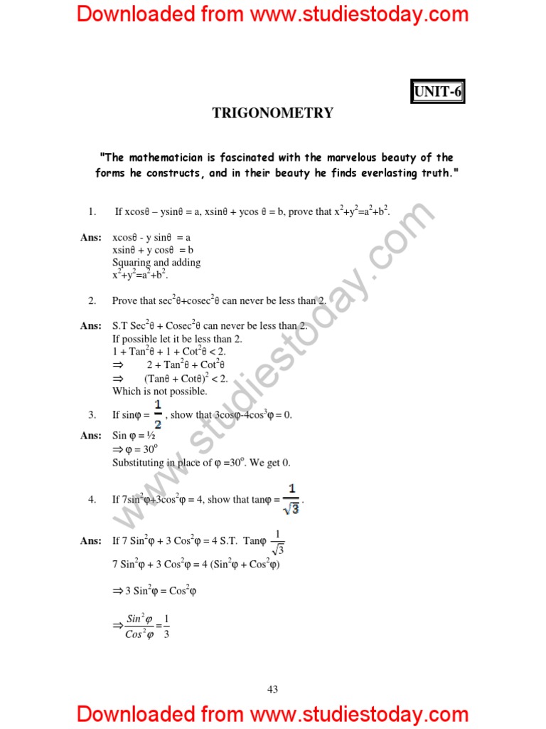 Class 10 Trigonometry Tough Questions | PDF | Angle | Elementary Geometry