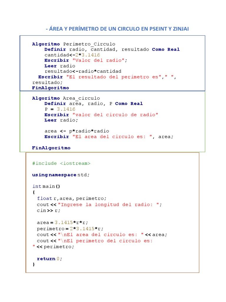 Área y Perímetro de un Círculo en Pseint | PDF