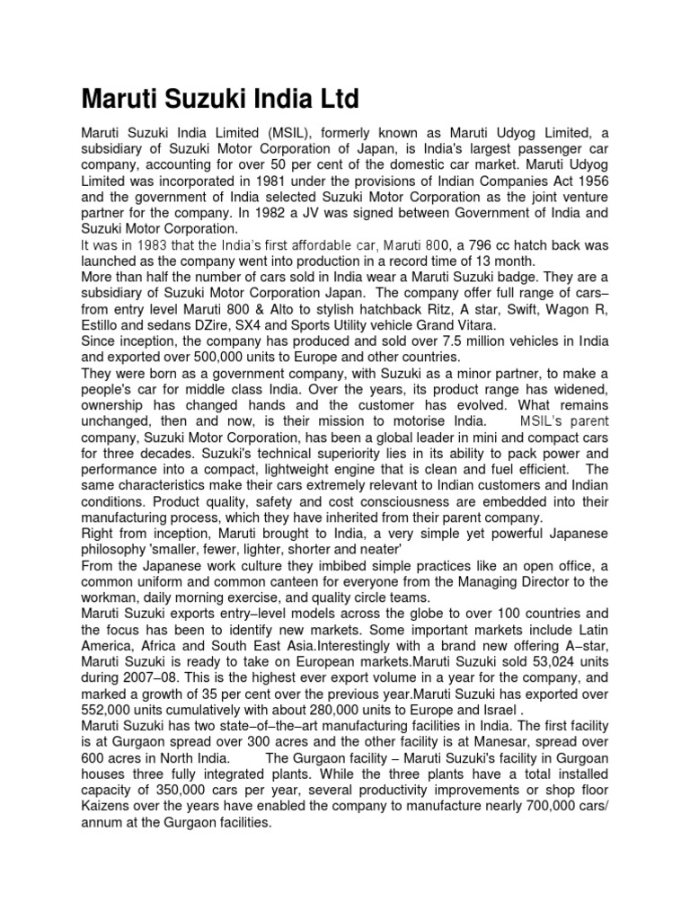 Maruti Suzuki: India's Auto Market Leader | PDF | Motor Vehicle ...