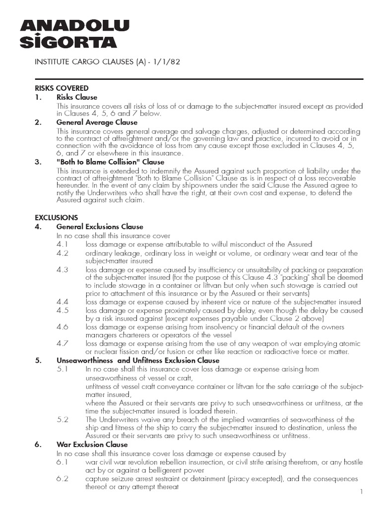 43 - 1 - Institute Cargo Clauses A 1182 | PDF | Insurance | Business Law
