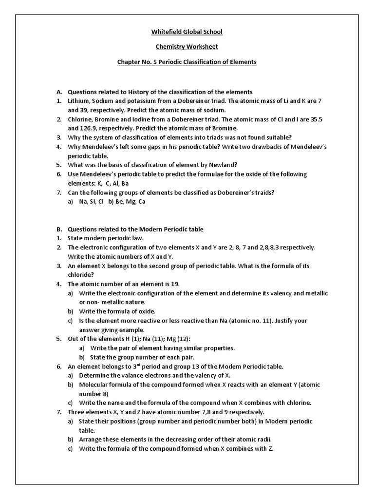 Periodic Table Classification Worksheet | PDF | Periodic Table ...
