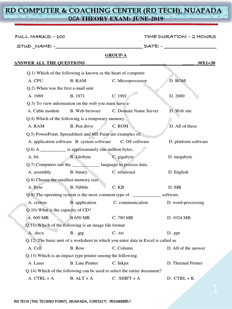 DCA Exam Question Paper 2019 | PDF | Random Access Memory | Operating ...