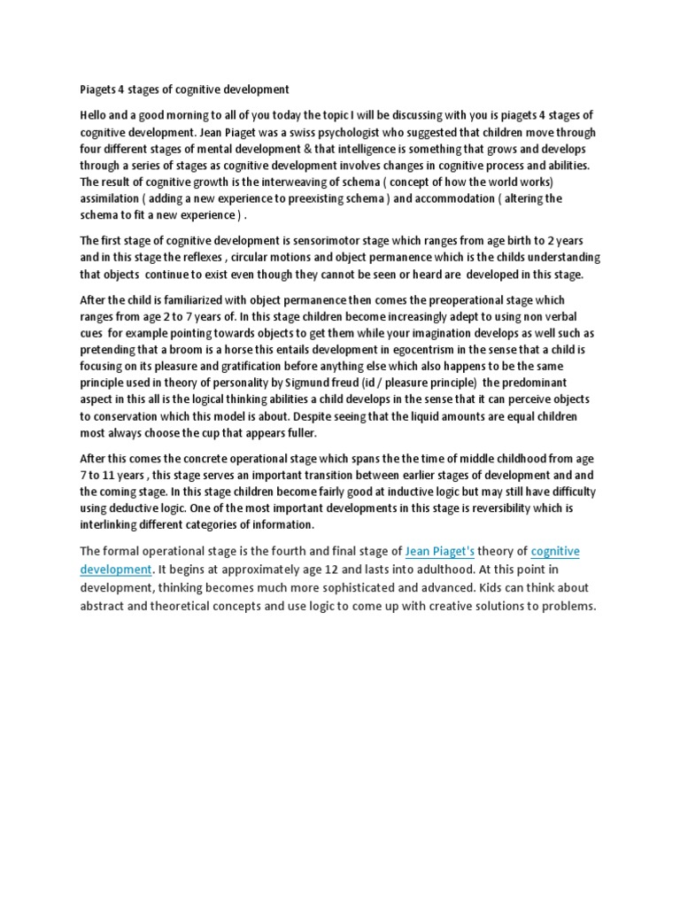 Piagets 4 Stages of Cognitive Development | Download Free PDF ...