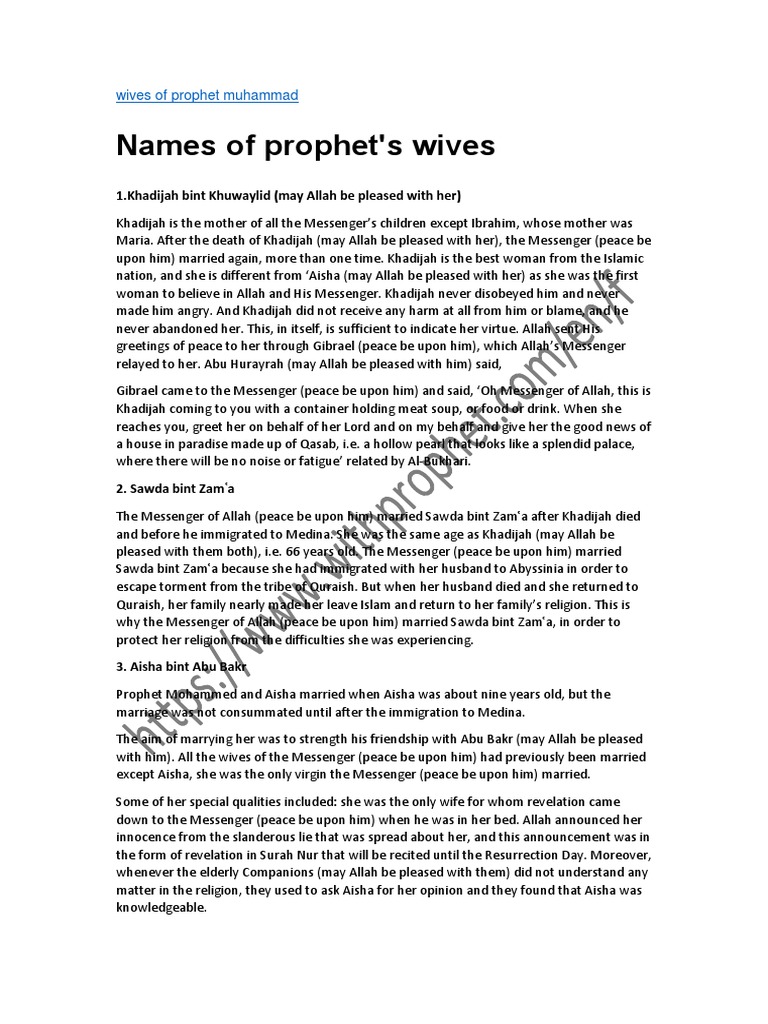 Wives of Prophet Muhammad: Names & Roles | PDF | Muhammad | Prophets ...