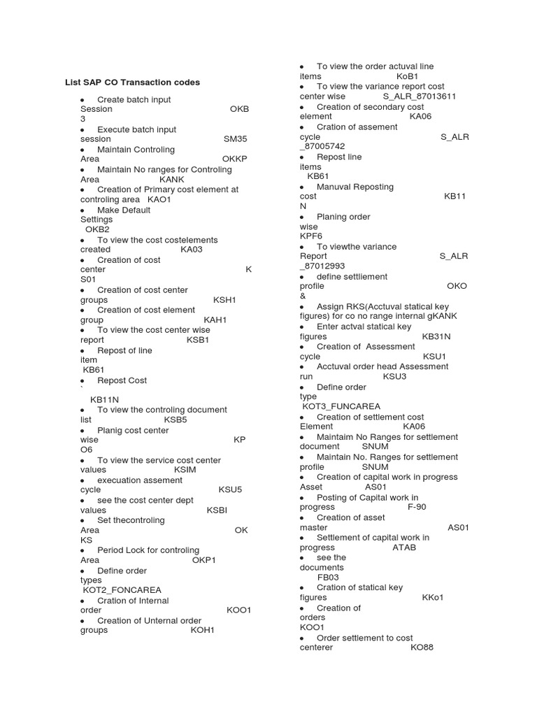 List SAP CO Transaction Codes | PDF | Cost | Accounting