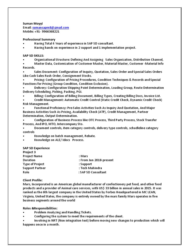 SAP SD Consultant with 4+ years experience | PDF | Business Process ...