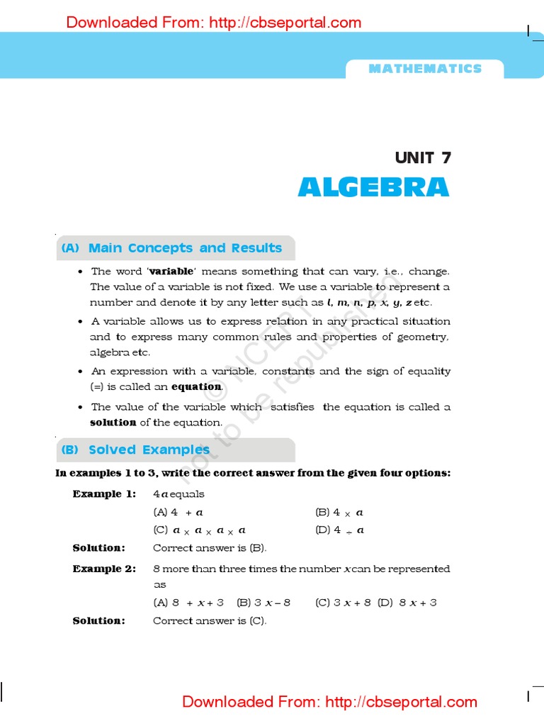 NCERT Exemplar Problems From Class 6 Mathematics Unit 7 Algebra PDF ...