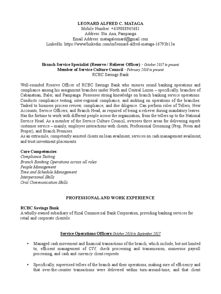 Resume Sample | PDF | Branch (Banking) | Banks & Banking