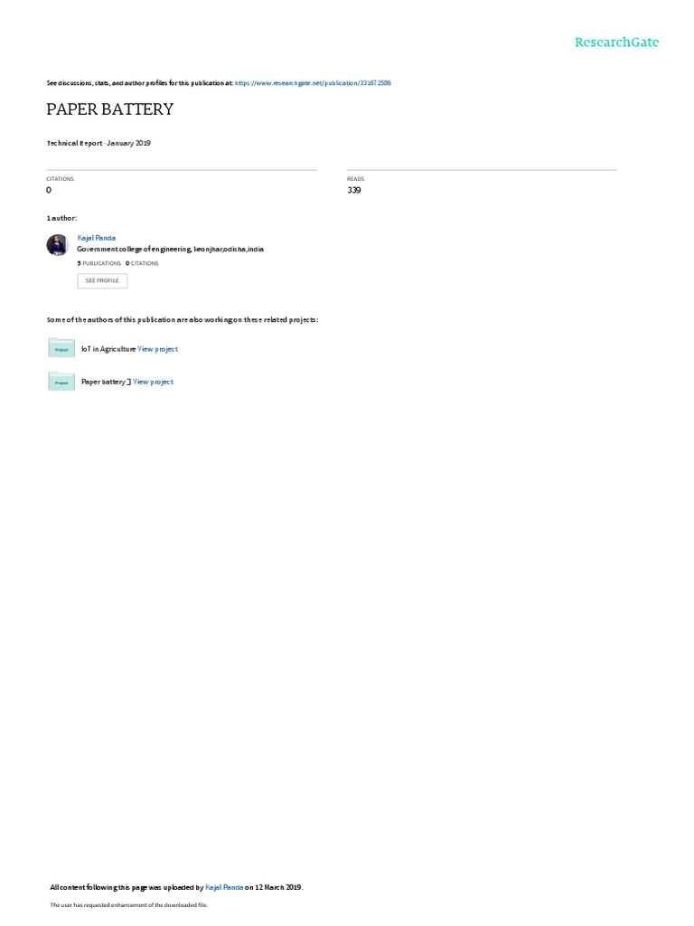 Report On Paper Battery | PDF | Rechargeable Battery | Carbon Nanotube