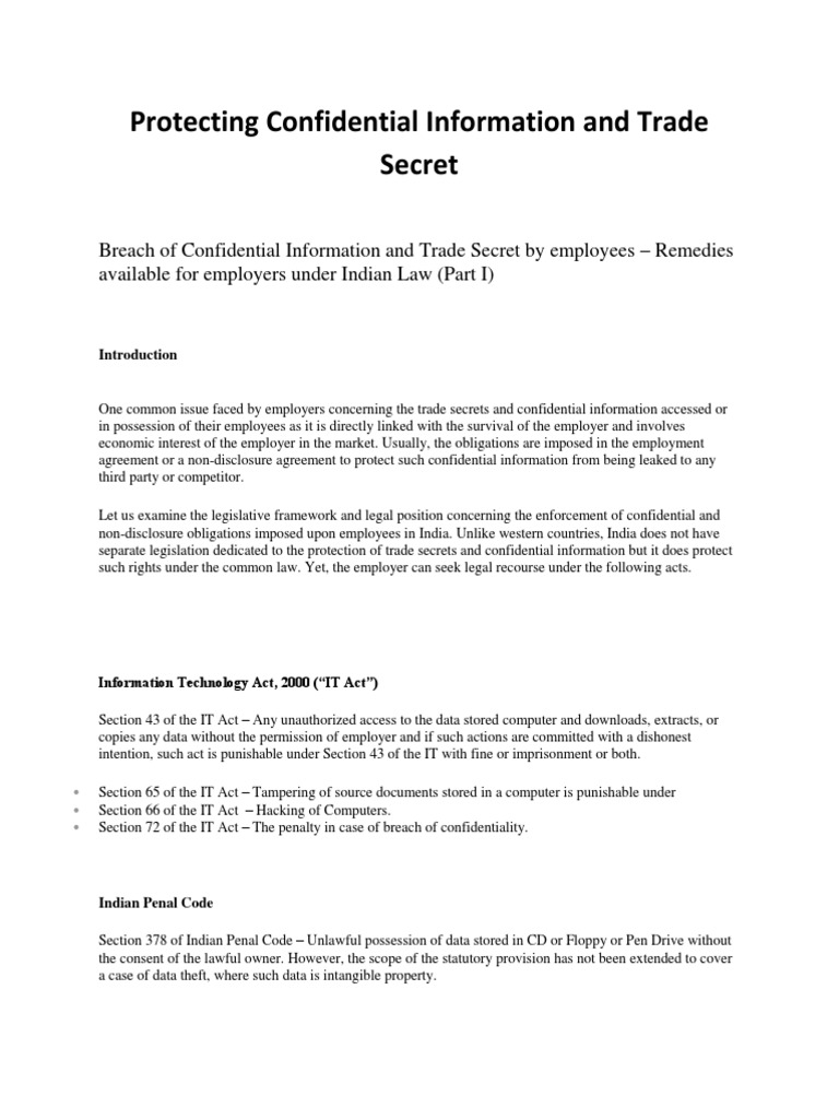 Protecting Trade Secrets in India | PDF | Non Disclosure Agreement ...