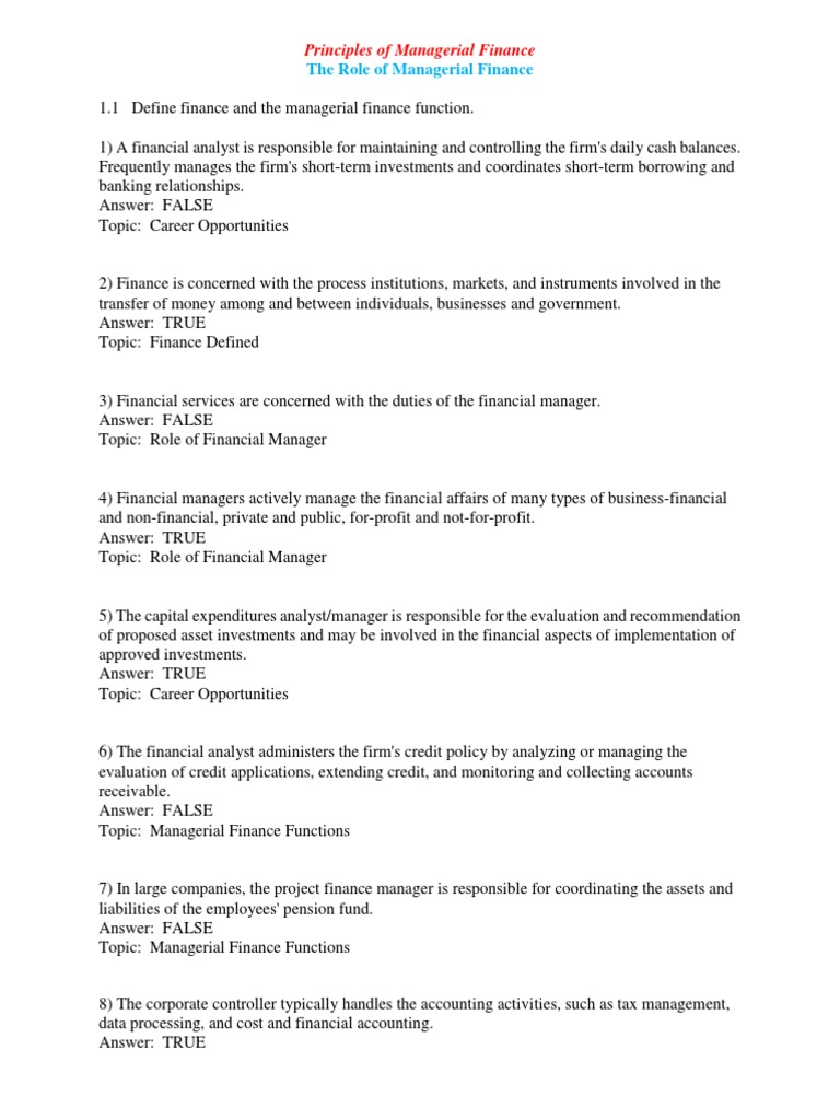 Principles of Managerial Finance: Defining the Role and Functions of ...