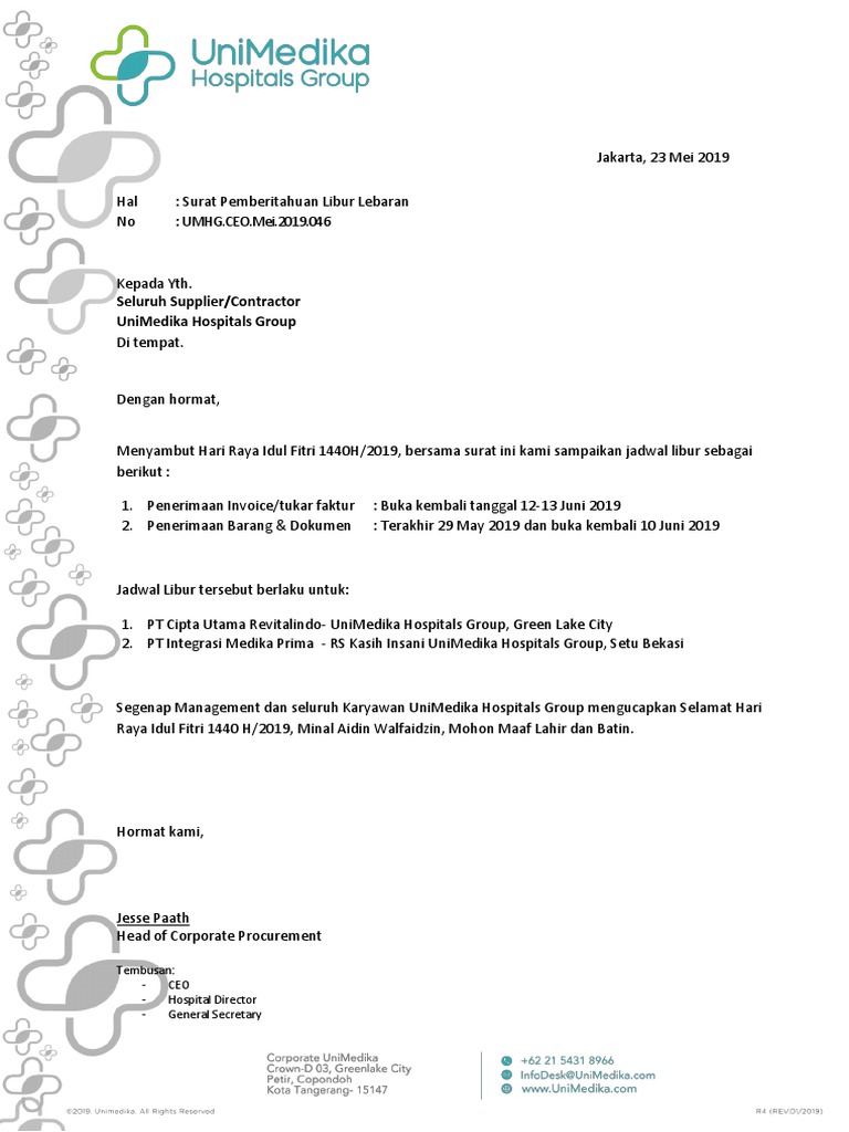 046-Surat Pemberitahuan Libur Lebaran PDF | PDF