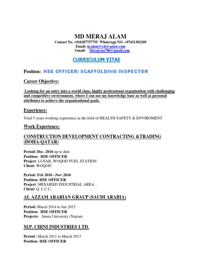 Resume MD Meraj Alam | PDF | Prevention | Safety