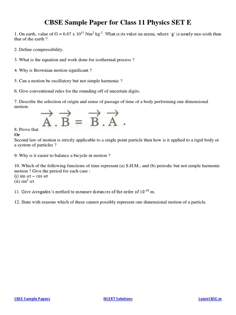 CBSE Sample Papers For Class 11 Physics SET E PDF | PDF | Physics | Waves