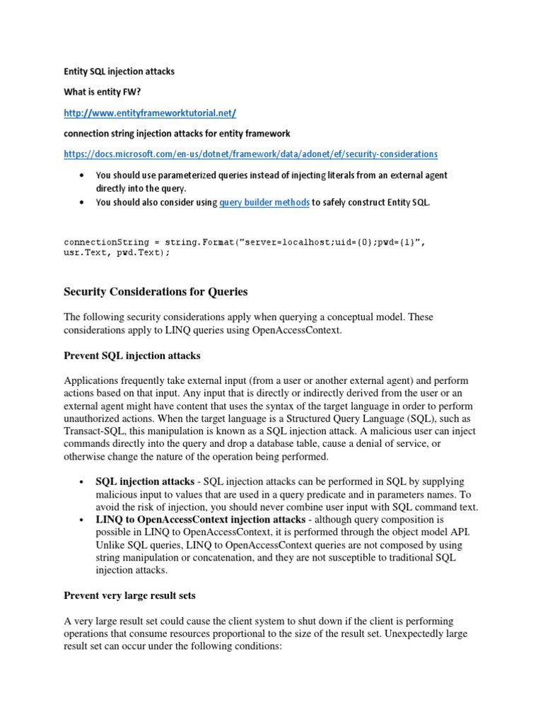 Entity SQL Injection Attacks | PDF | Language Integrated Query | Sql