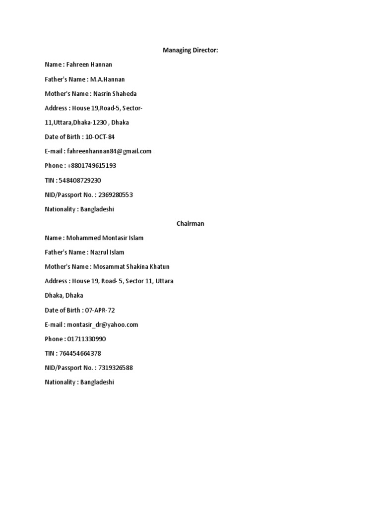 Particulars of The Directors | PDF