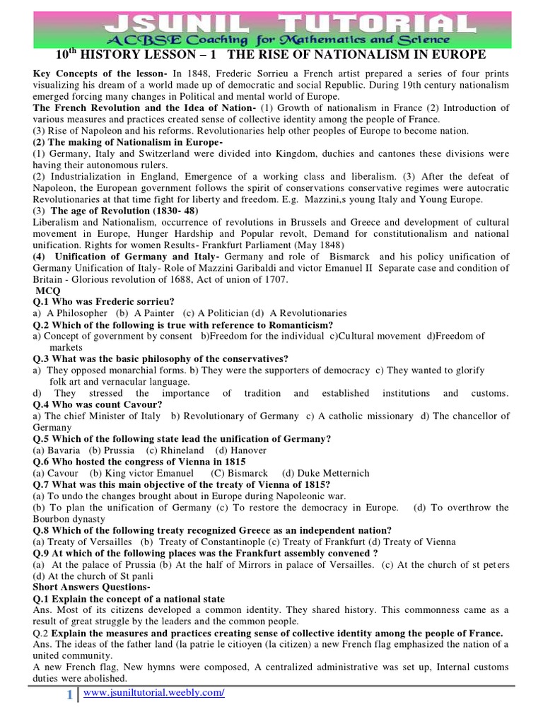 10th History Lesson 1 The Rise of Nationalism in Europe | Download Free ...