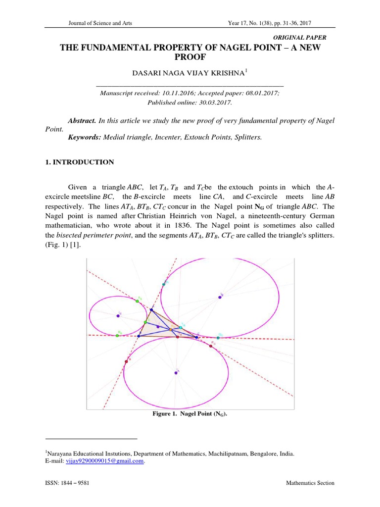 The Fundamental Property of Nagel Point - A New Proof | PDF | Geometric ...