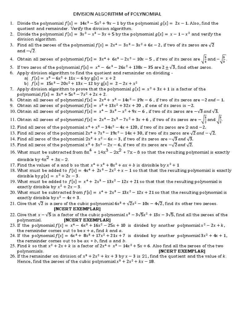 DIVISION ALGORITHM For POLYNOMIAL PDF Zero Of A Function Polynomial
