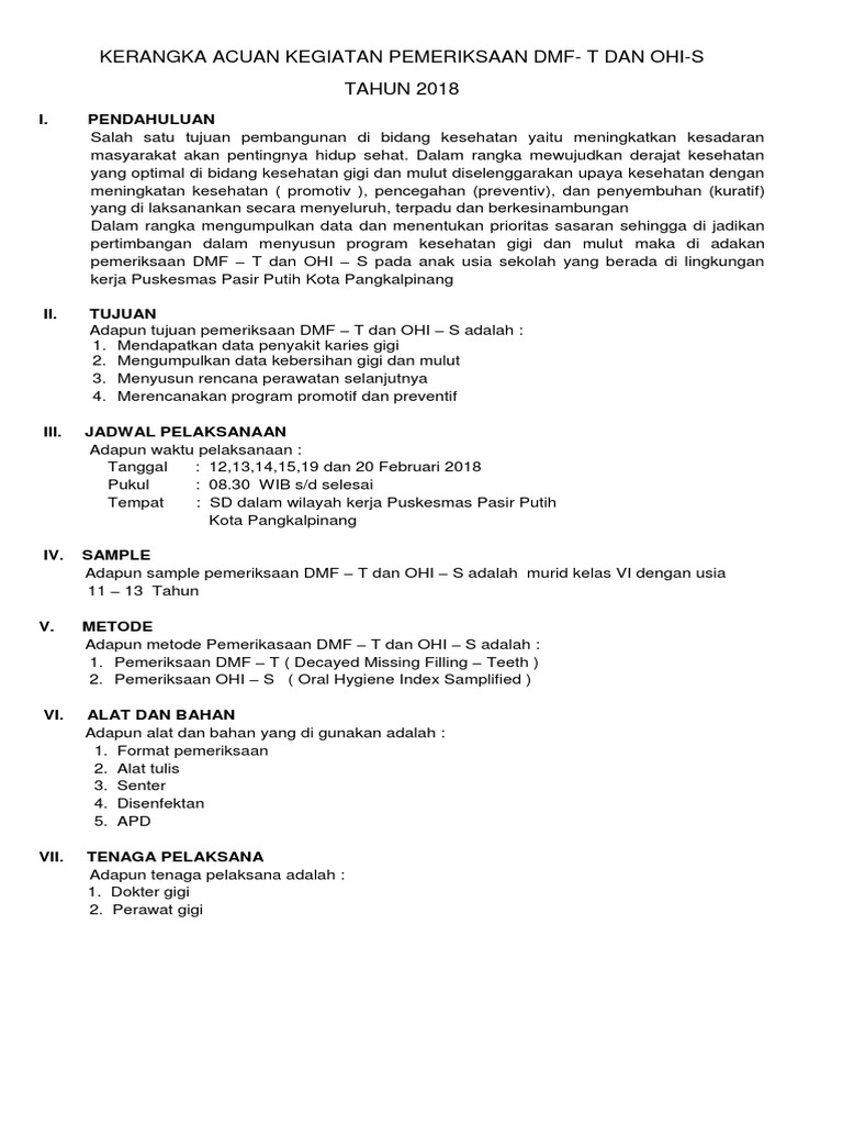 KAK, LAP PEMERIKSAAN DMF-T Dan OHI-S 2018 | PDF | Karier & Perkembangan