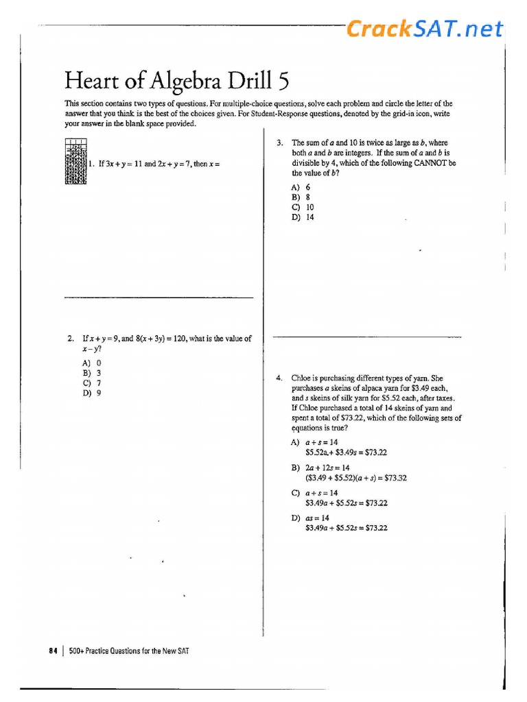 SAT Heart of Algebra Practice Test 5 | PDF