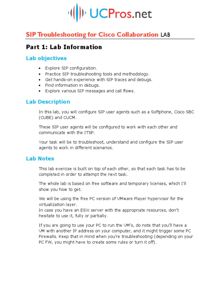 UCPros SIP TS LAB - v1.1 | PDF | Session Initiation Protocol | Voice ...
