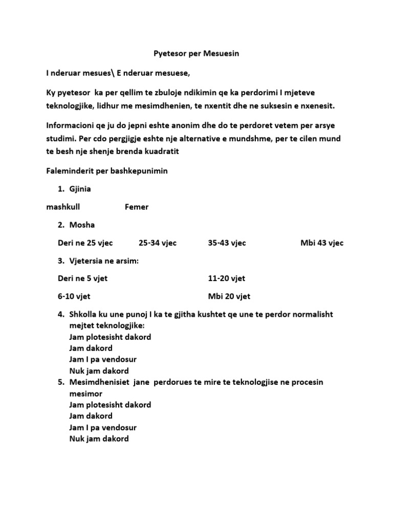 Pyetesor Per Mesuesin | PDF