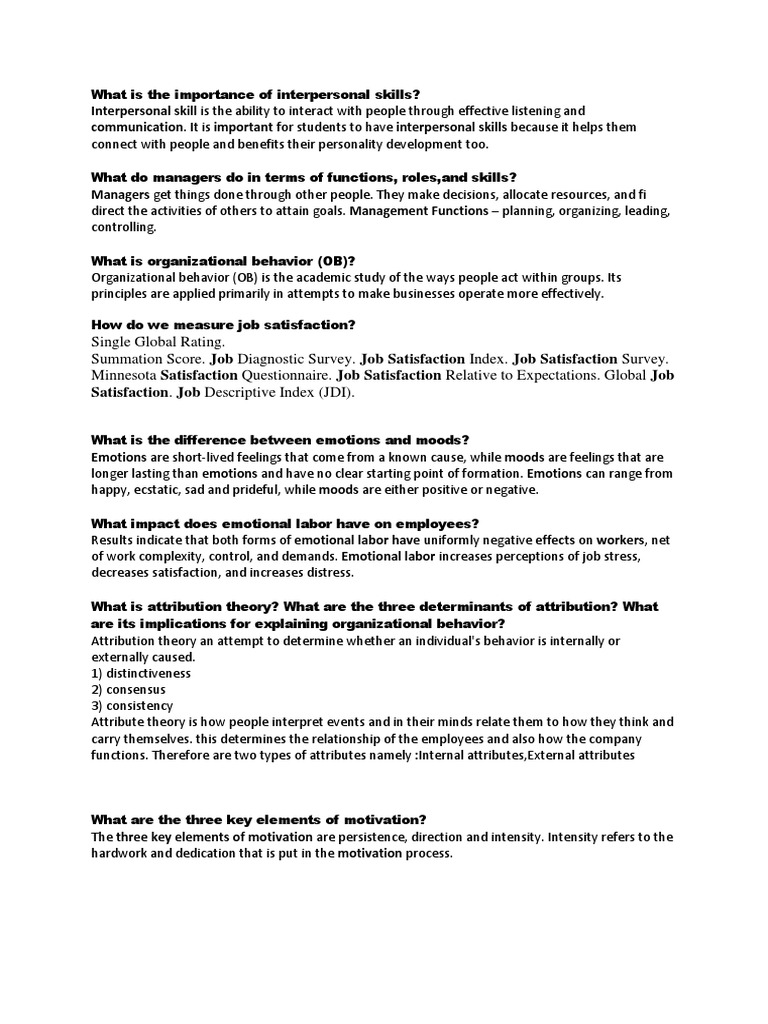 Organizational Behavior Classic Questions | PDF | Job Satisfaction ...