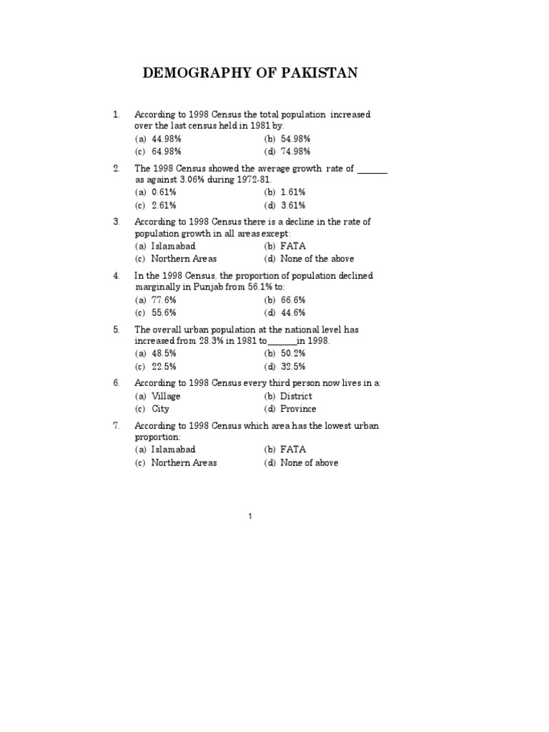 Important MCQs About Demography of Pakistan | PDF | Sindh | Population