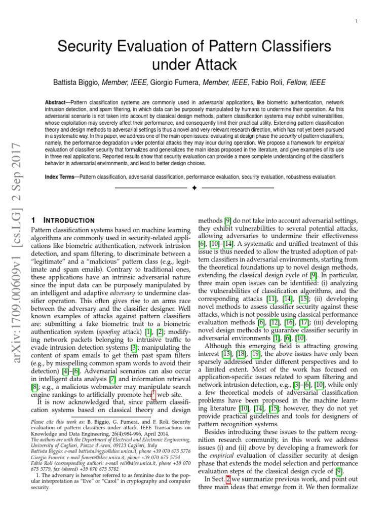 Security Evaluation of Pattern Classifiers Under Attack by AWT | PDF | Statistical ...