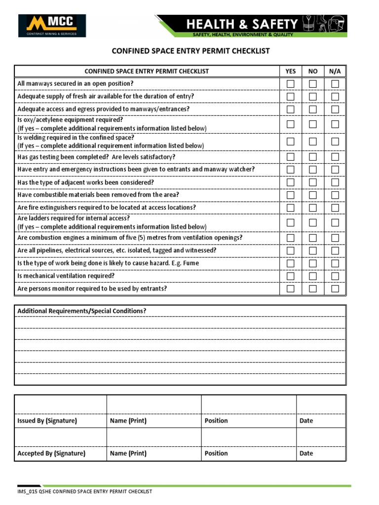 Ims - 015 Qshe - Confined Space Entry Permit Checklist | PDF