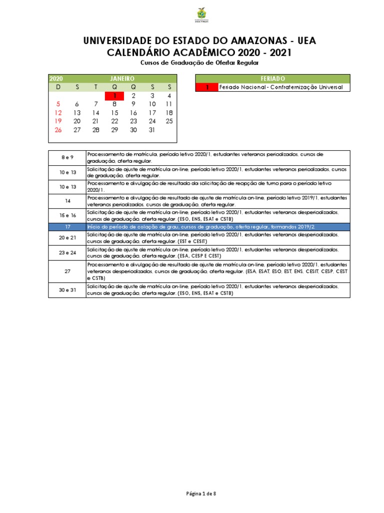 Calendário UEA 2020 PDF | PDF