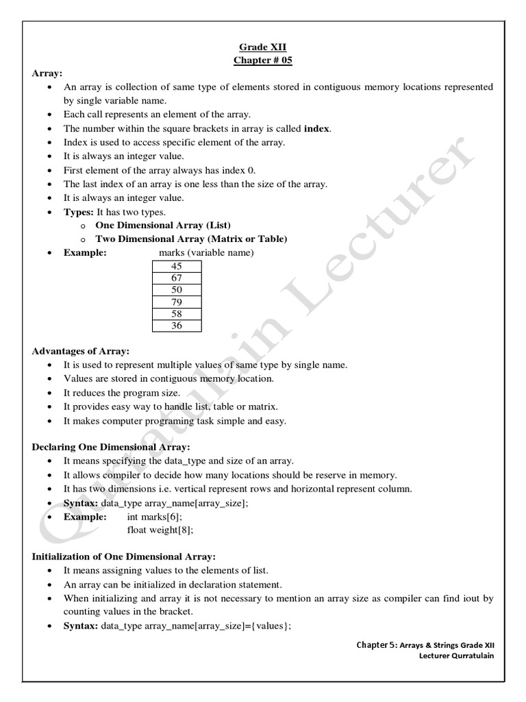 An Overview of Arrays and Strings in Grade XII Computer Science | PDF ...