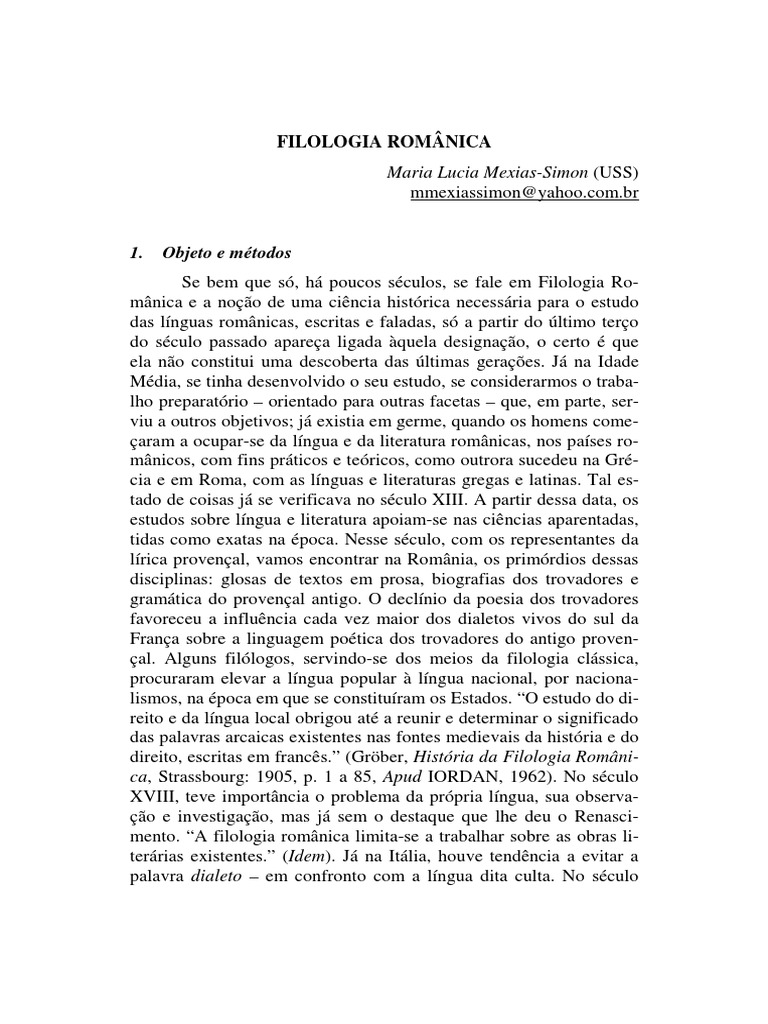 Artigo 1 Filologia Românica | PDF | Linguagem natural | Filologia