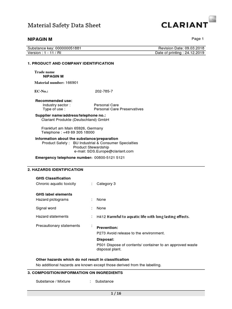 MSDS for Nipagin M Preservative | PDF | Toxicity | Dangerous Goods