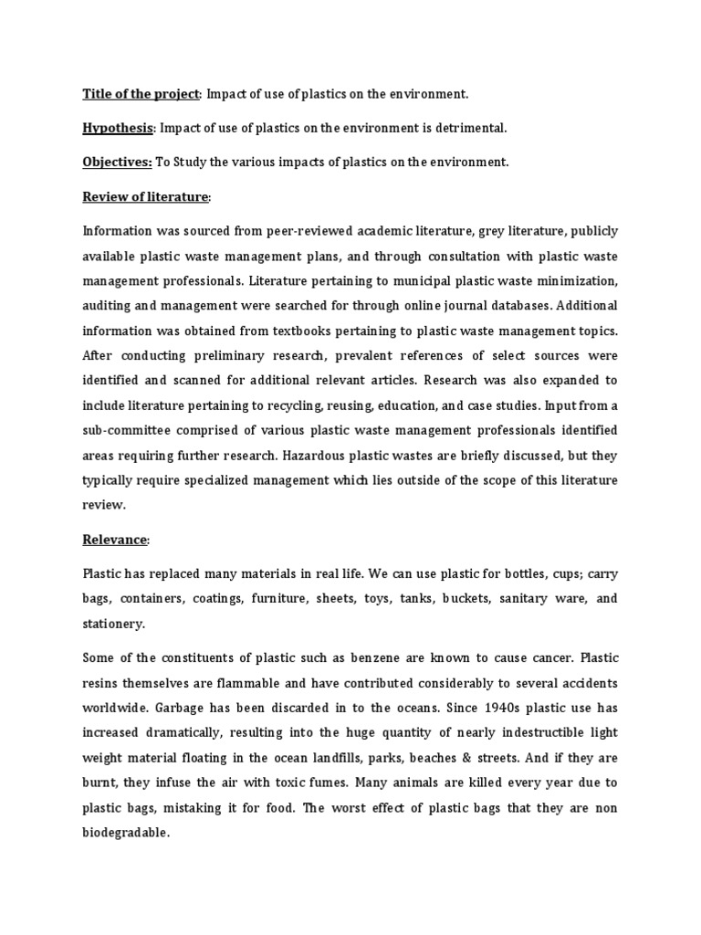 Project 10 - Impact of Use of Plastics On The Environment | PDF ...