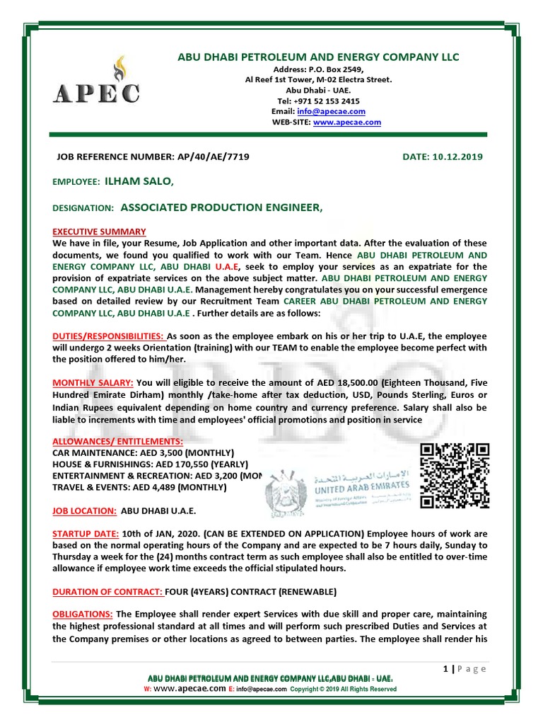 Apec Offer Letter | PDF | United Arab Emirates | Employment