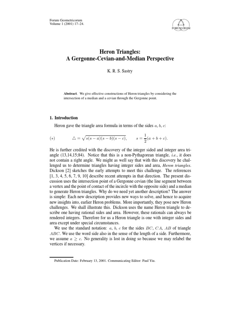 Heron Triangles: A Gergonne-Cevian-and-Median Perspective K. R. S. Sastry | PDF | Triangle | Area