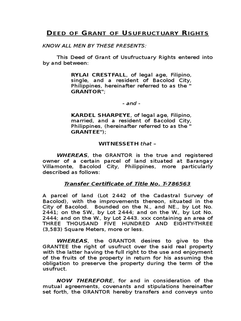 Sample Deed of Usufruct Over A Real Property | Deed | Covenant (Law)