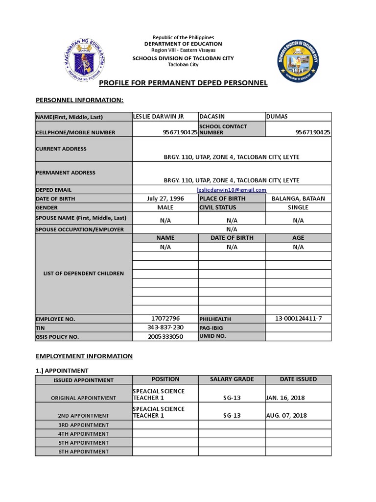 DepEd Personnel Profile | PDF | Educational Stages | Academia
