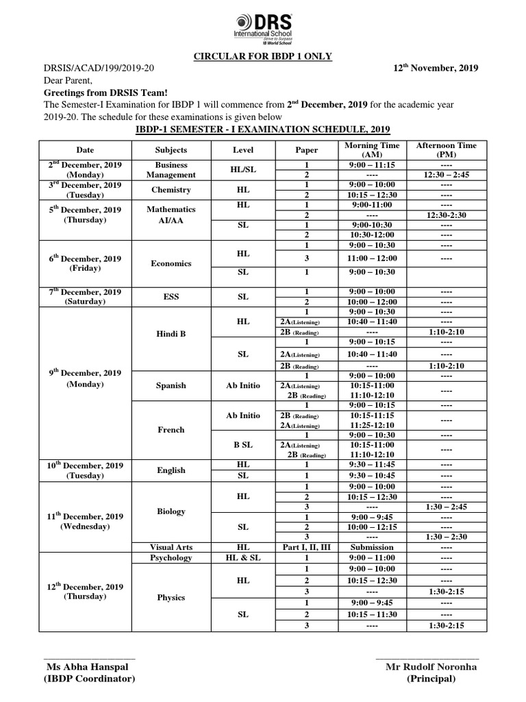 Grade Ibdp 1 - Se-1 Date Sheet | PDF | Behavior Modification | Learning