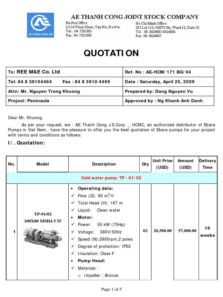 Pump Quotation for Peninsula Project | PDF | Pump | Insulator (Electricity)