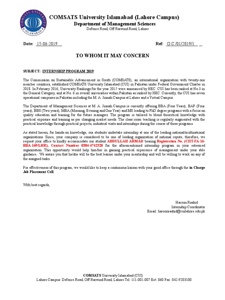 Request for Internship Placement: An Opportunity for Hands-On Learning ...