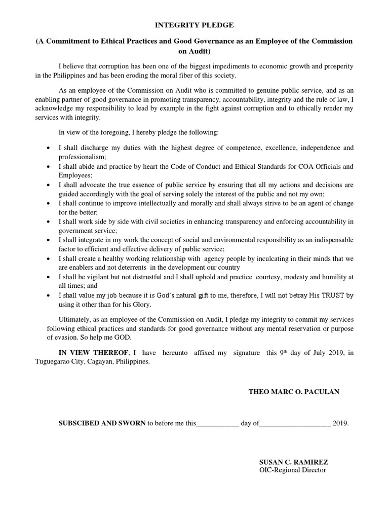 Integrity Pledge | PDF | Integrity | Good Governance