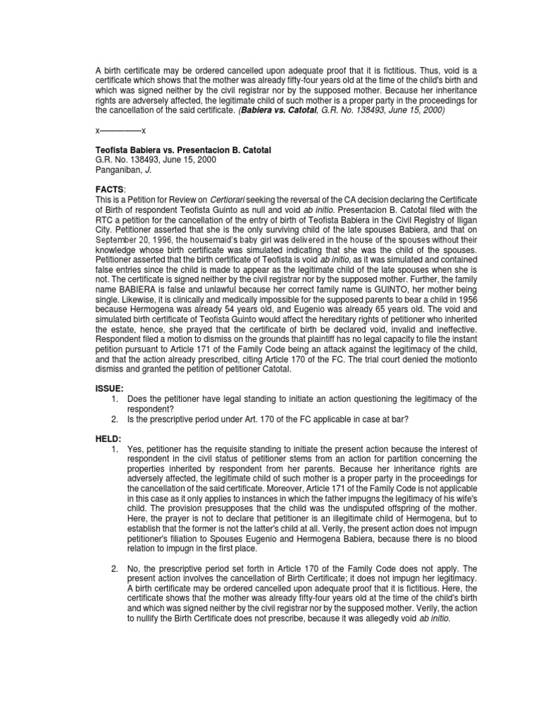 Birth Certificate Nullification Case | PDF | Legitimacy (Family Law ...