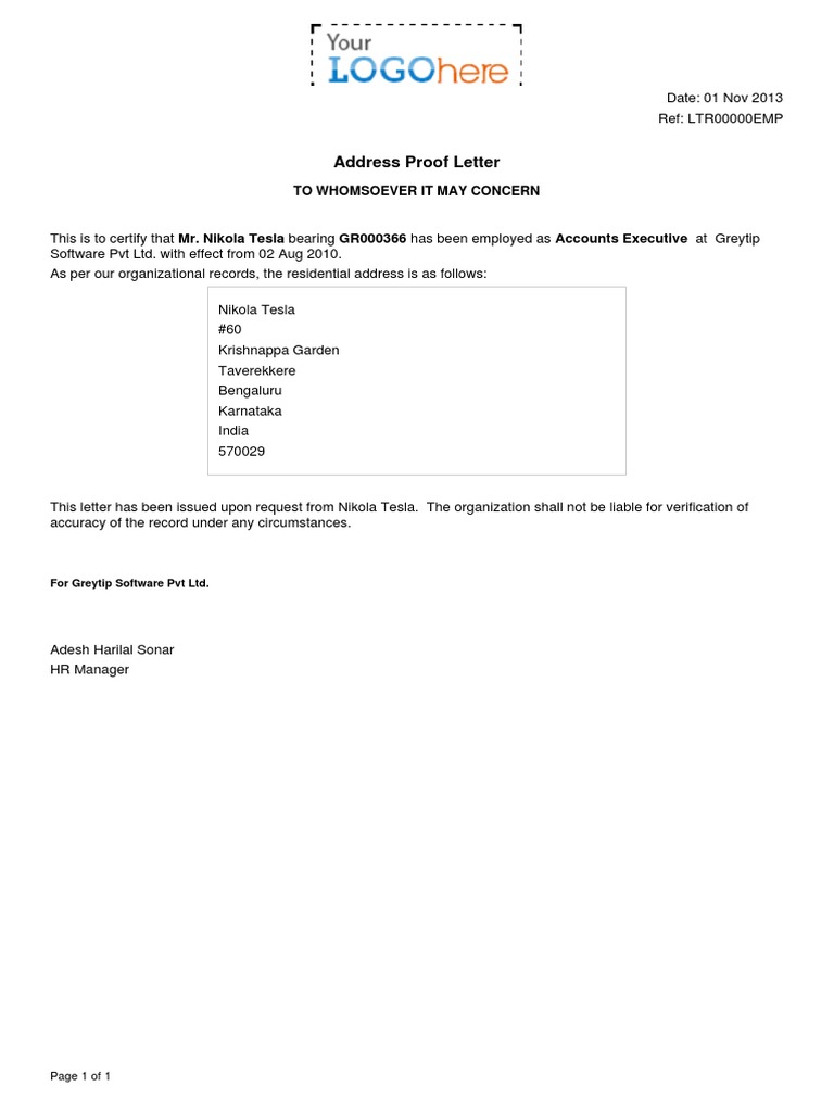 Address Proof Letter | PDF