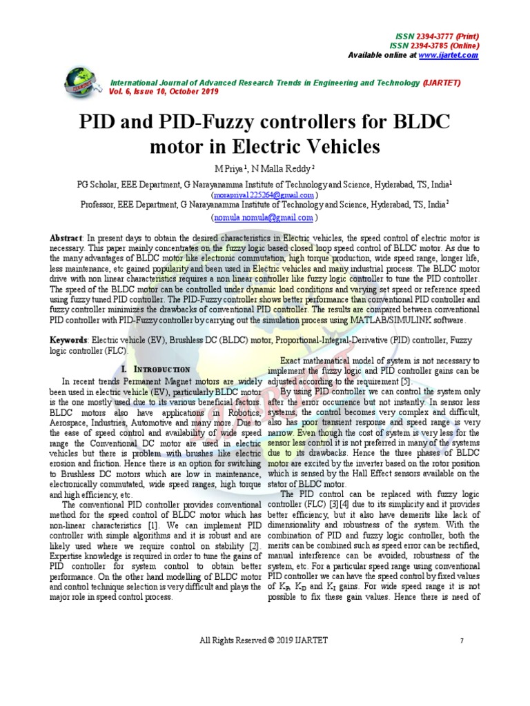 PID and PID-Fuzzy Controllers For BLDC Motor in Electric Vehicles | PDF ...
